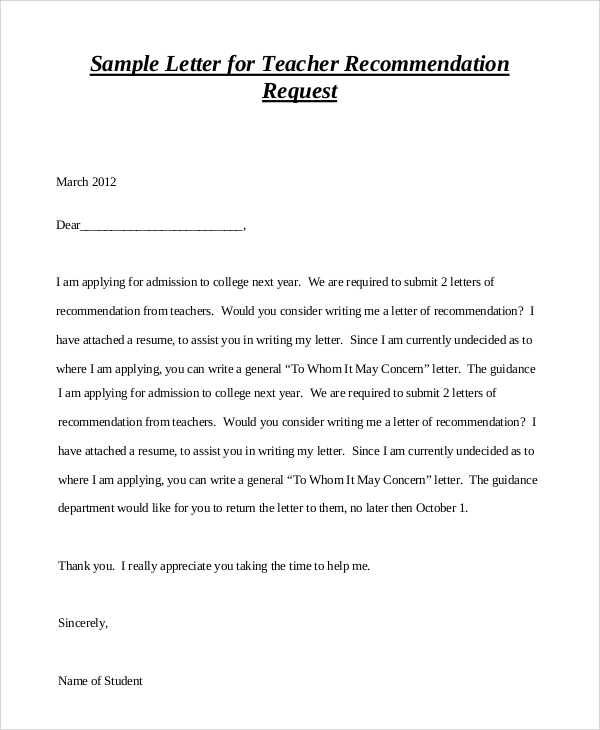 FREE 10 Sample Teacher Letter Of Recommendation In PDF MS Word