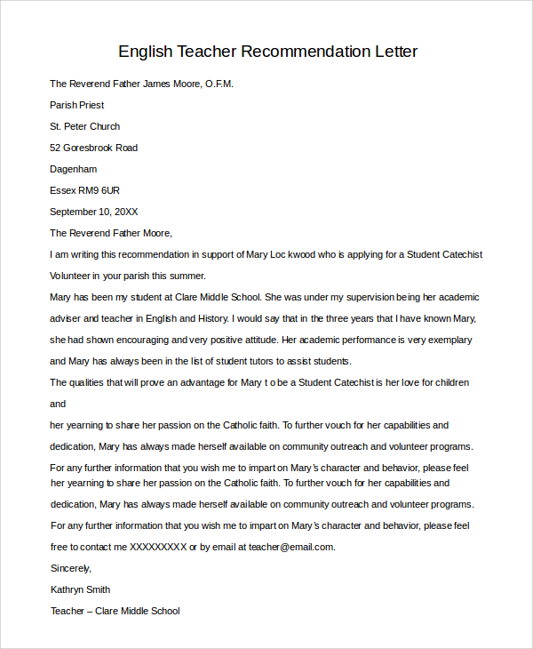 FREE 10 Sample Teacher Letter Of Recommendation In PDF MS Word