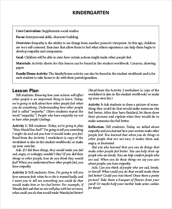 Kindergarten Lesson Plan Kindergarten