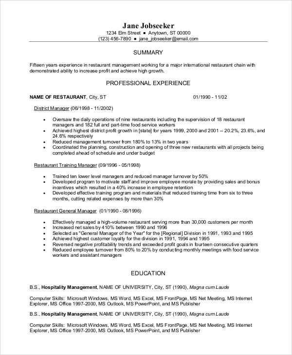 FREE 12 Sample Restaurant Resume Templates In PDF MS Word