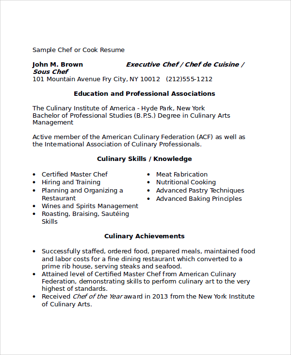 FREE 9 Sample Chef Resume Templates In MS Word PDF