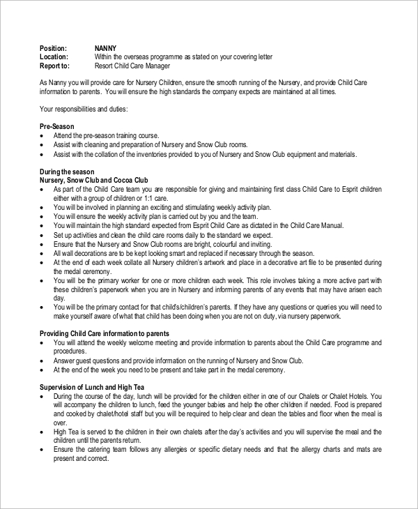 FREE 8 Sample Nanny Job Description Templates In MS Word PDF