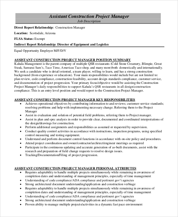 FREE 11 Sample Construction Project Manager Job Description Templates In PDF