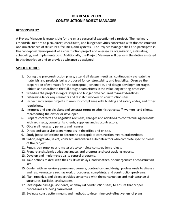 Construction Project Manager Descr