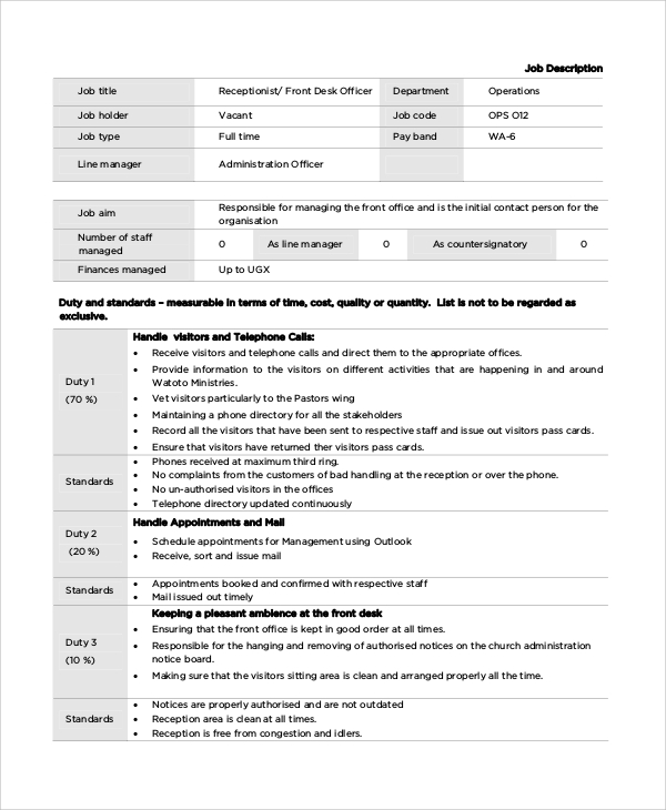 FREE 10 Sample Front Desk Job Description Templates In PDF MS Word