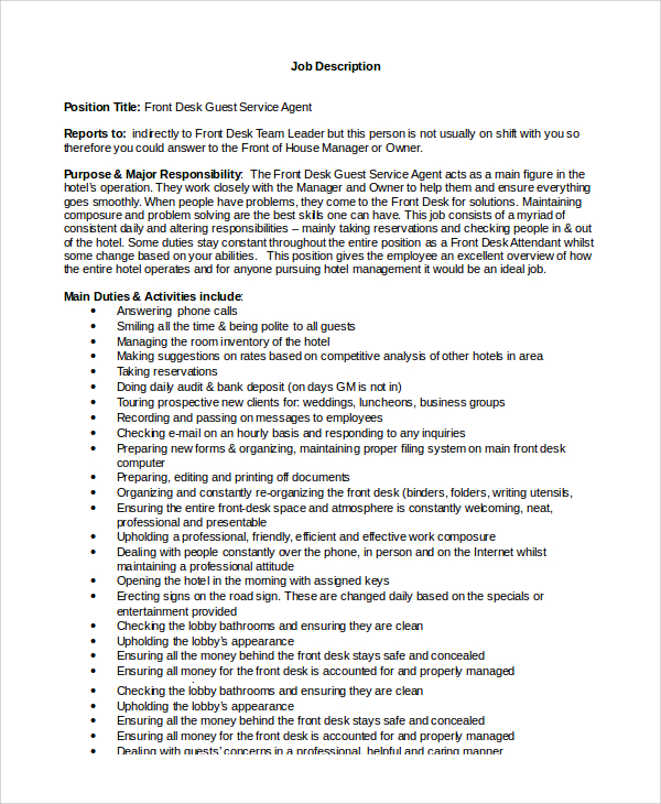 FREE 10 Sample Front Desk Job Description Templates In PDF MS Word
