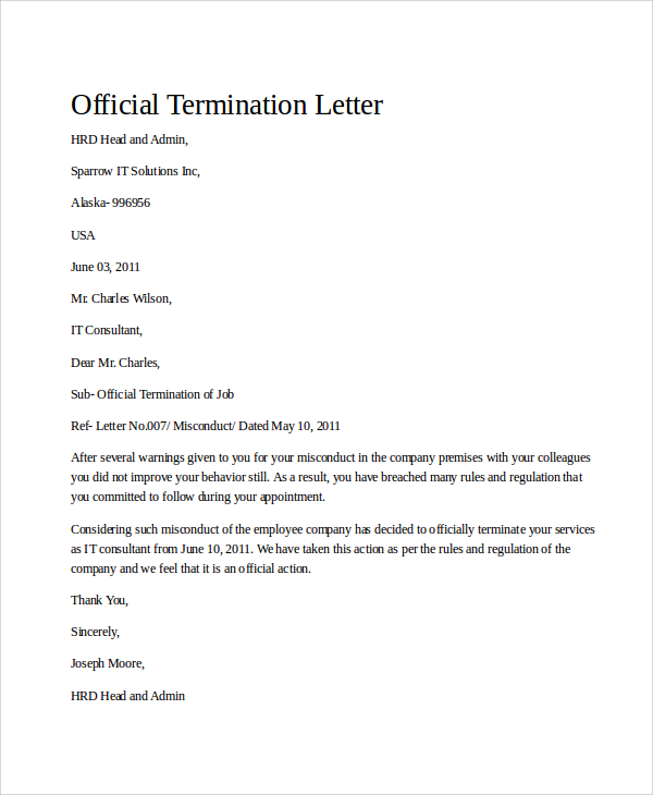 FREE 8 Sample Termination Letter Templates In MS Word PDF