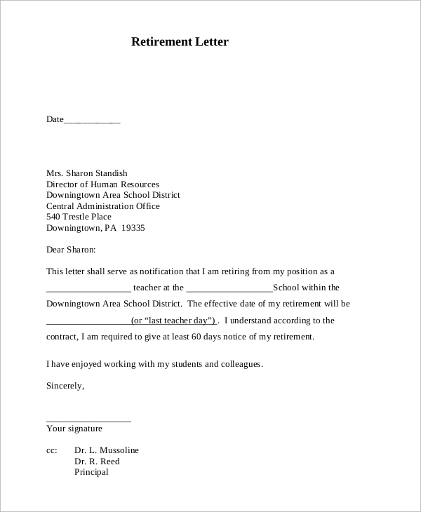 Free Printable Retirement Letters Sample Resignation Letter