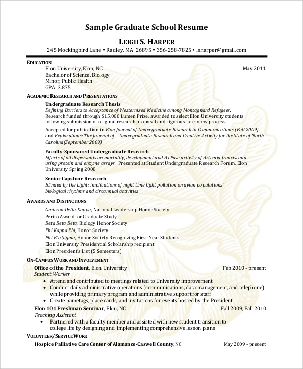 FREE 9 Sample Graduate School Resume Templates In PDF MS Word