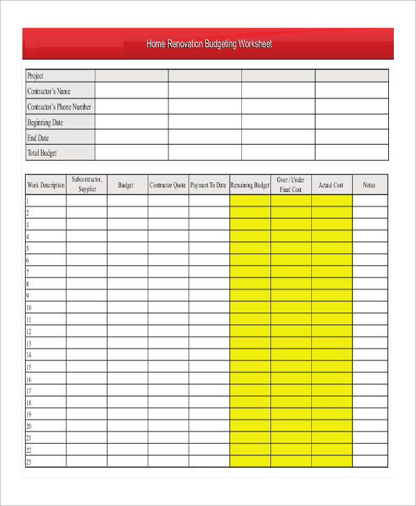 Renovation Budget Worksheet