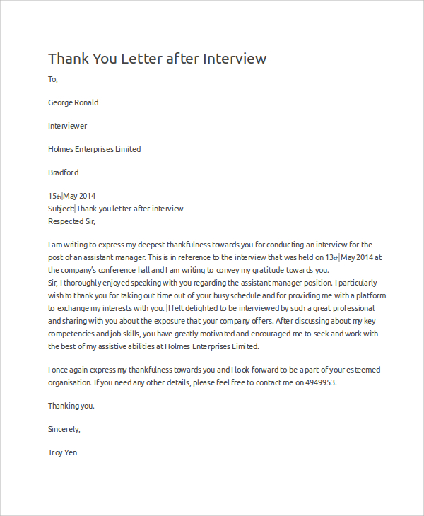 Letter After The Interview Database Letter Template Collection