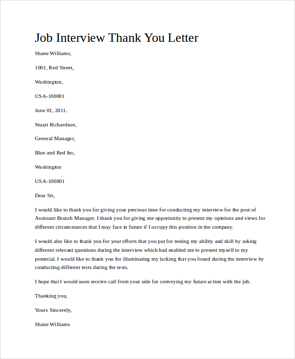FREE 9 Sample Thank You For The Interview Letter Templates In MS Word 