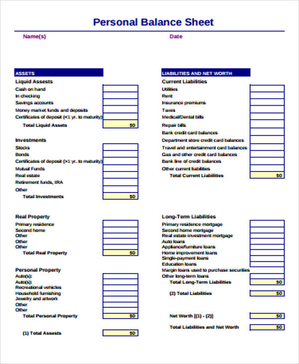 FREE 7 Personal Balance Sheet Templates In MS Word PDF