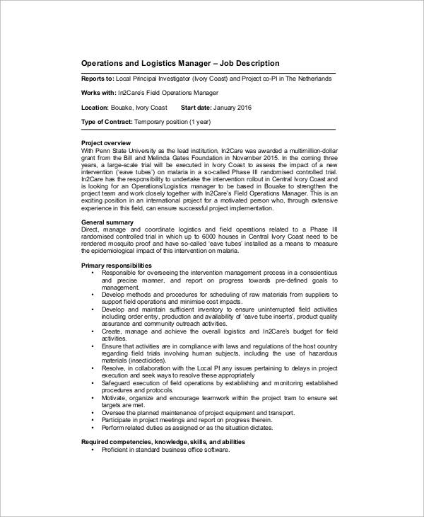 FREE 10 Logistics Manager Job Description Samples In MS Word PDF
