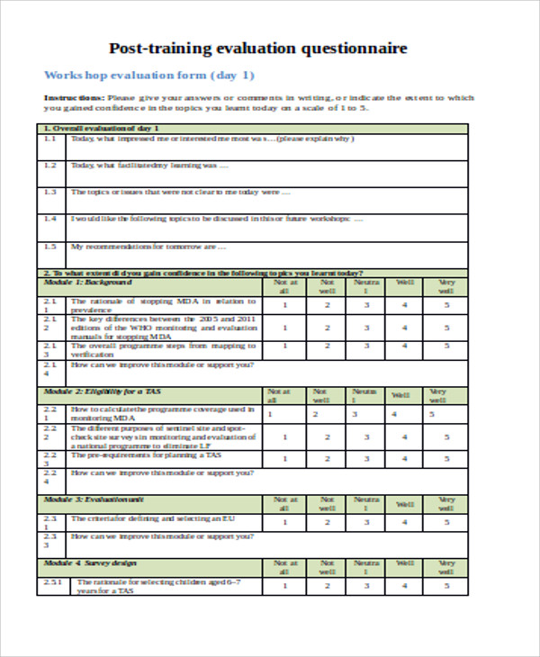 Education Questionnaire Template 15 Sample Training Evaluation Forms