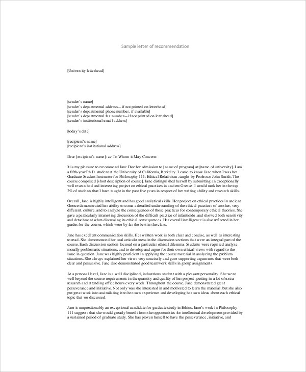FREE 9 Sample Recommendation Letter From Professor In PDF FREE 9 Sample Recommendation Letter From Professor In PDF