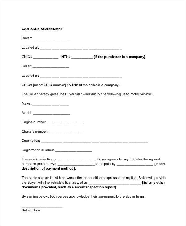 Used Vehicle Sales Agreement Template DocTemplates