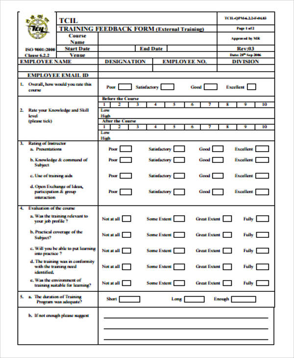 Training Feedback Form Word