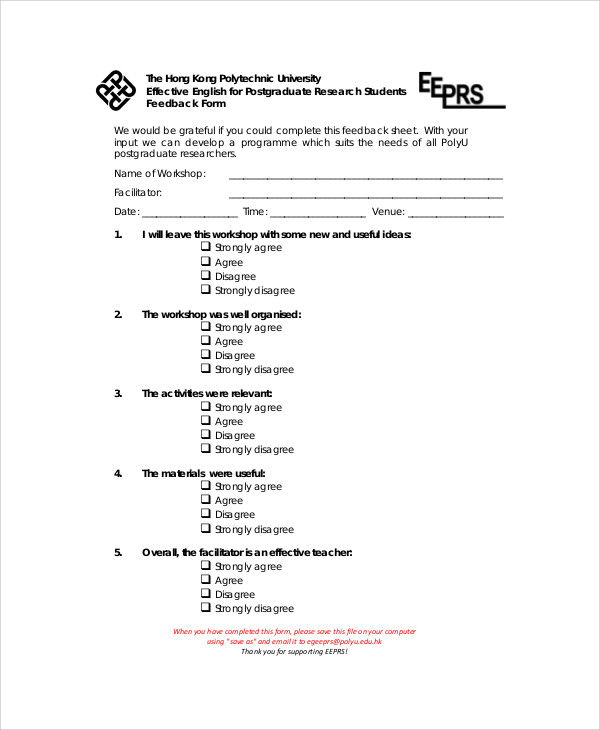 FREE 7 Sample Workshop Feedback Forms In MS Word PDF