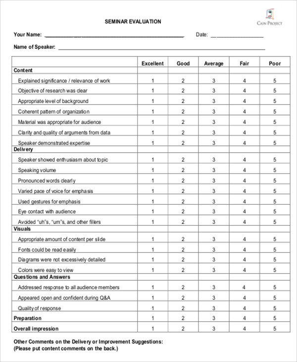 FREE 9 Sample Seminar Evaluation Forms In MS Word PDF