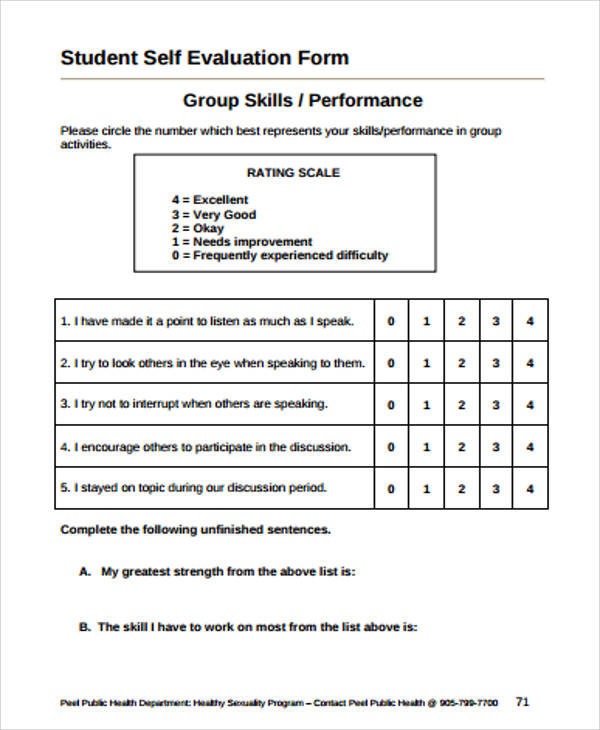 Math Student Self Evaluation Form Download Printable Pdf Templateroller 