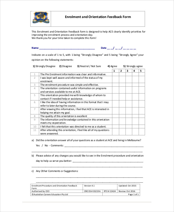FREE 7 Sample Orientation Feedback Forms In MS Word PDF