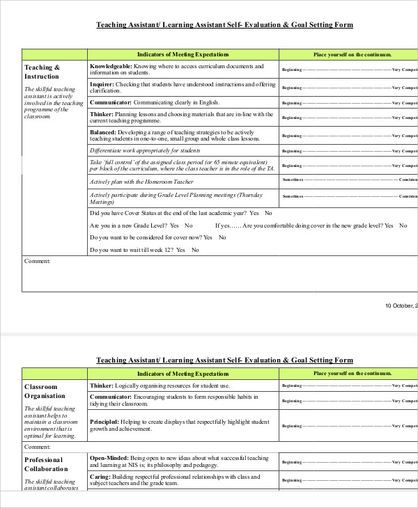 FREE 7 Sample Teacher Self Evaluation Forms In MS Word PDF