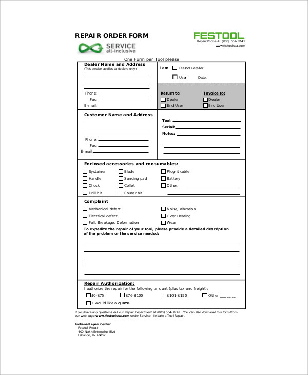 FREE 9 Sample Repair Order Forms In MS Word PDF