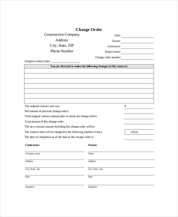 Printable Change Order Form Printable Change Order Form