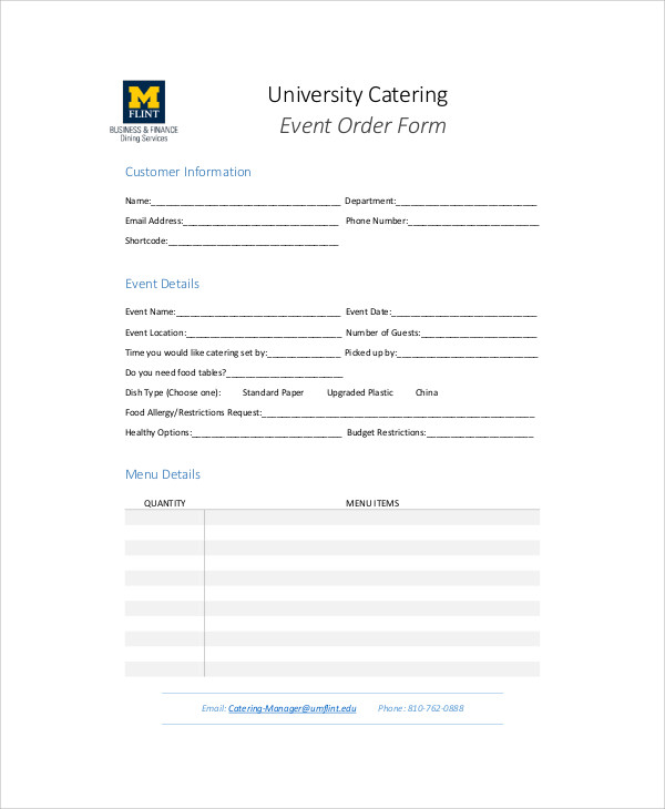 FREE 13 Sample Catering Order Forms In MS Word PDF