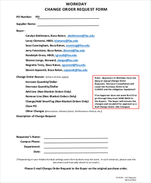FREE 9 Sample Change Order Request Forms In MS Word PDF