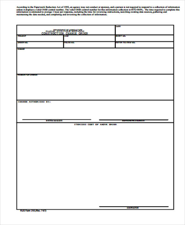 FREE 9 Sample Construction Change Order Forms In MS Word PDF