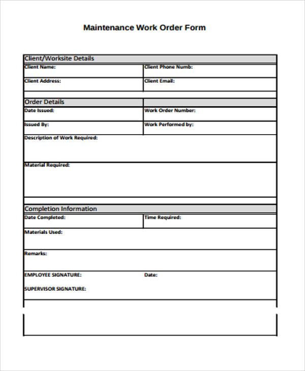FREE 10 Sample Work Order Forms In MS Word PDF