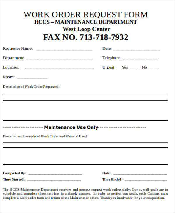 FREE 9 Sample Work Order Forms In MS Word PDF