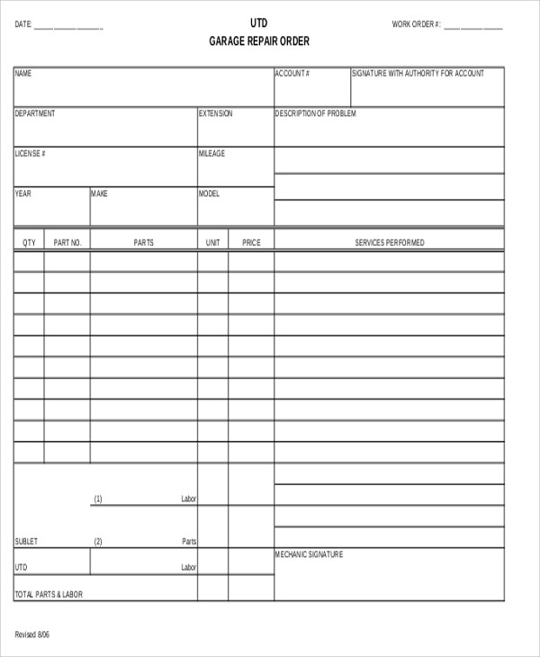 Free Printable Automotive Repair Forms Printable Forms Free Online