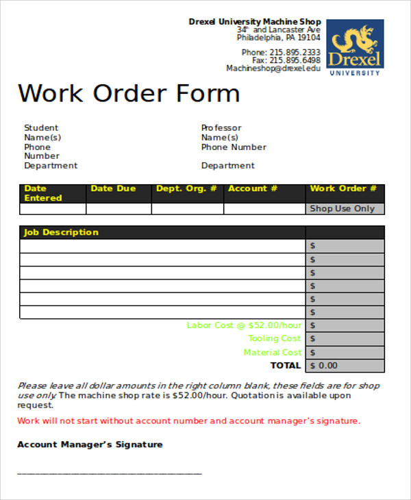 FREE 9 Sample Work Order Forms In MS Word PDF