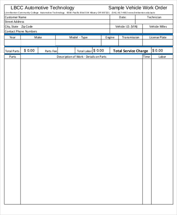 FREE 9 Sample Work Order Forms In MS Word PDF