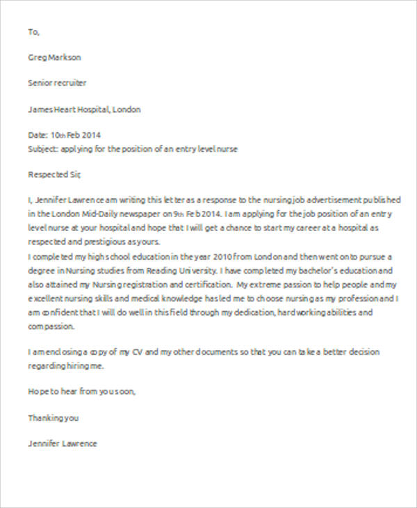 FREE 6 Nursing Cover Letter Templates In MS Word PDF