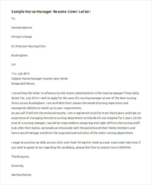 FREE 6 Nursing Cover Letter Templates In MS Word PDF