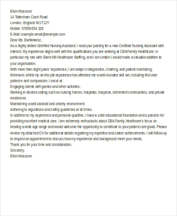 FREE 6 Nursing Cover Letter Templates In MS Word PDF