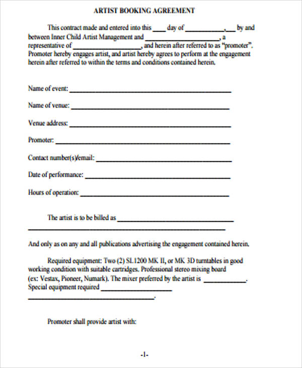 Artist Booking Contract Template Database