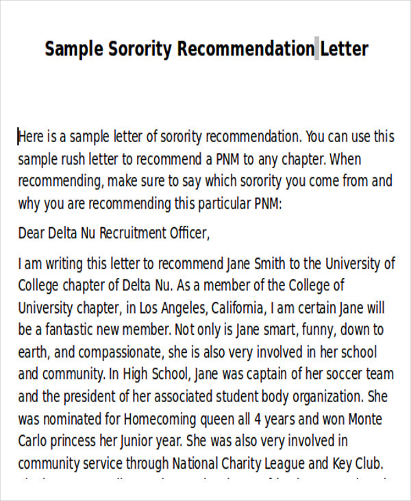 FREE 5 Sample Sorority Recommendation Letter Templates In MS Word PDF