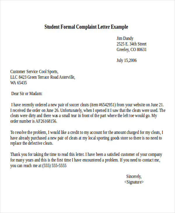 Formal Letter Of Complaint Example