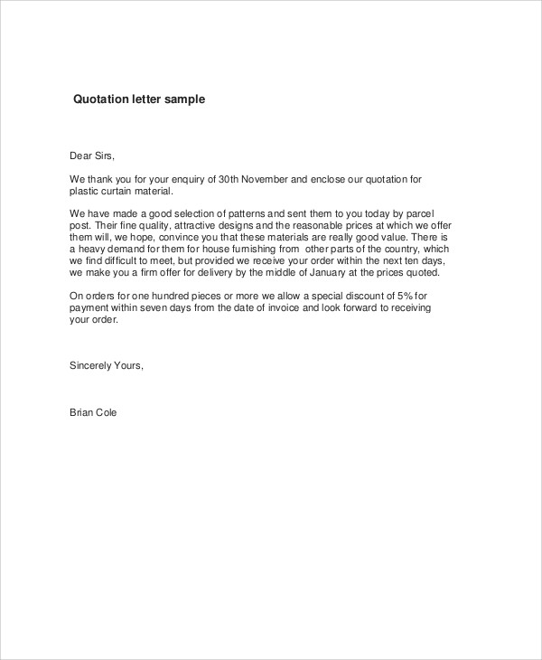 72 SAMPLE LETTER OF A QUOTATION SAMPLE QUOTATION OF LETTER A Example 