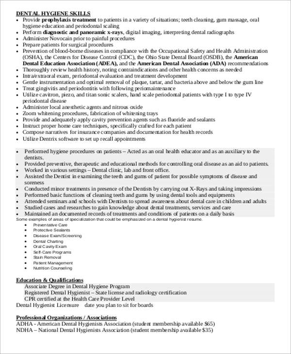Free Dental Hygiene Resume Templates