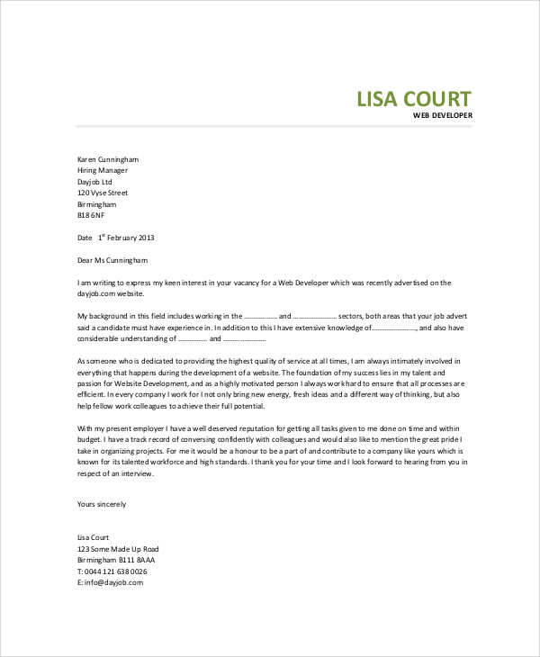 FREE 8 Web Developer Cover Letter Templates In MS Word PDF