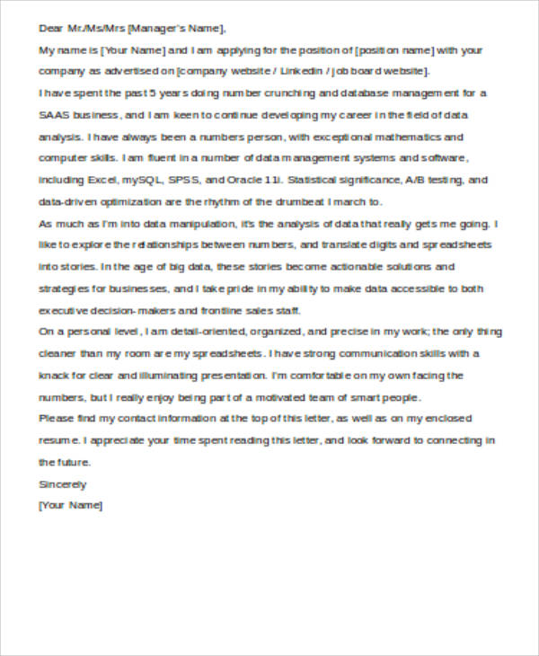 FREE 4 Data Analyst Cover Letter Templates In MS Word PDF