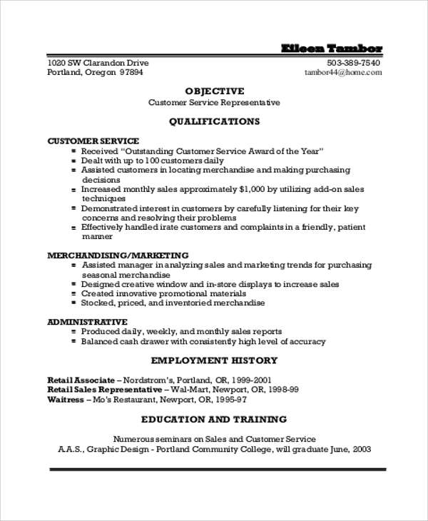 Customer Service Objectives For Resume