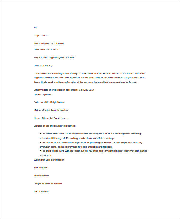 Child Support Agreement Letter Template DocTemplates
