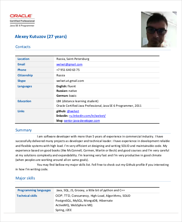 Sample Resume For Experienced Software Developer Free Download 